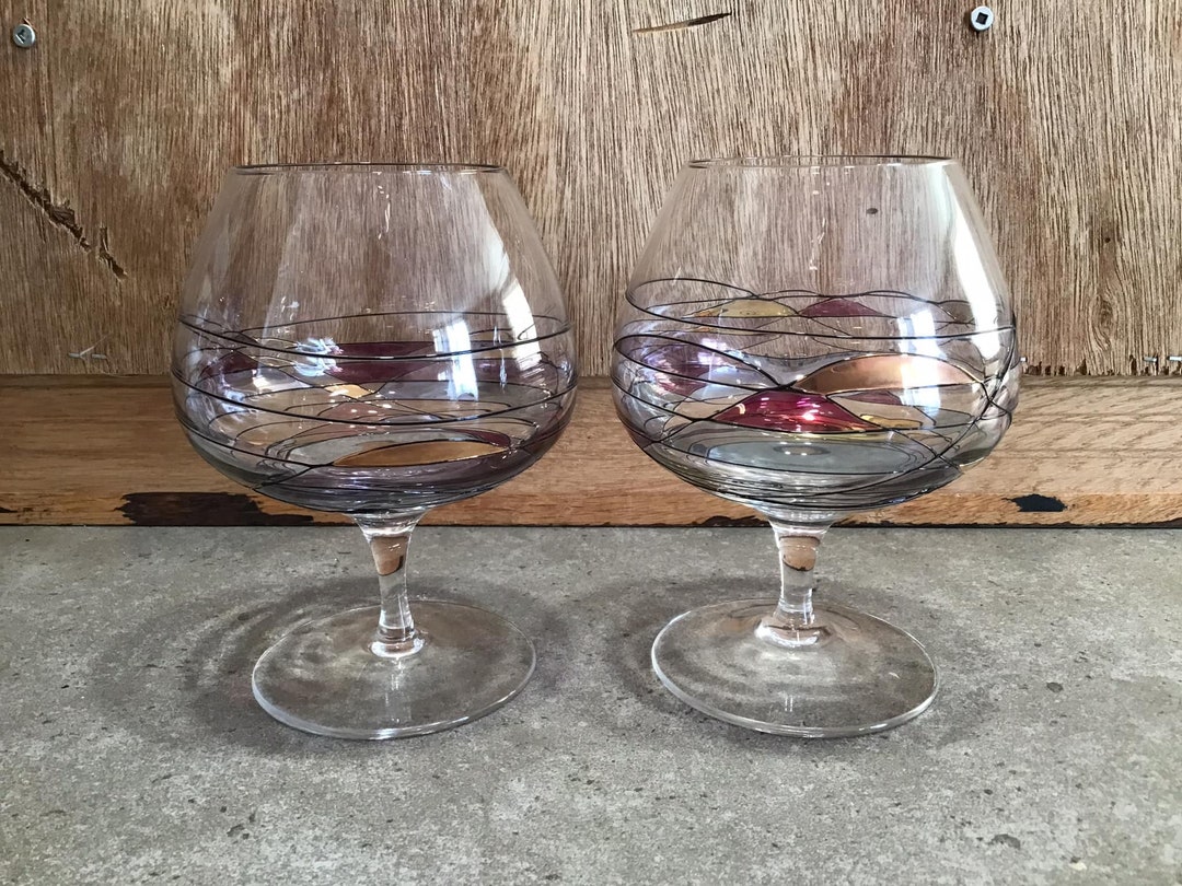 2 Brandy Snifters - Multi-color Mosaic Stained Glass Design, Vintage ...
