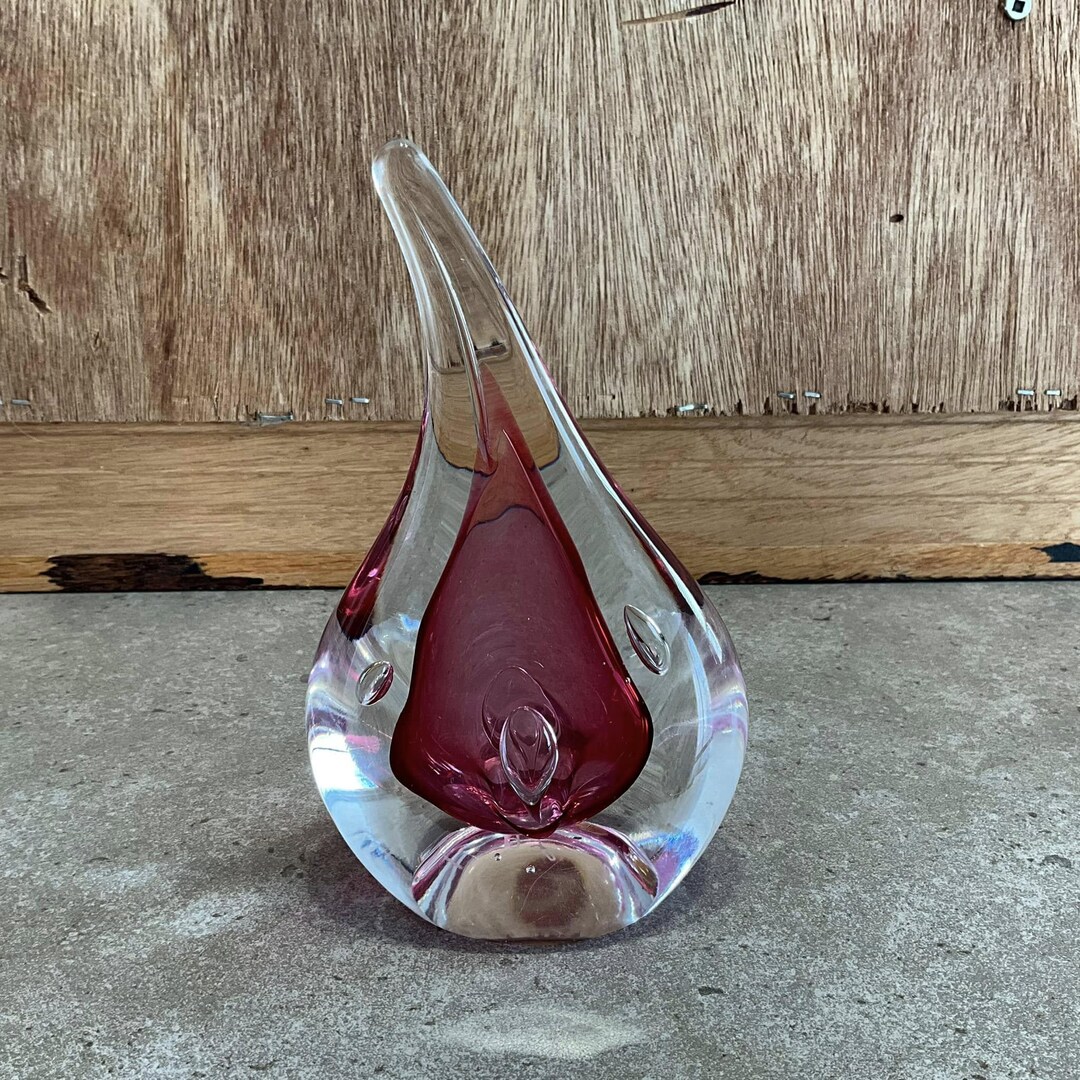 Adam Jablonski Signed Art Glass Paperweight: Cranberry Teardrop ...
