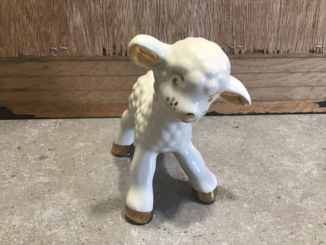 Lamb, Ceramic Figurine, Gold Trim, Mid Century 1950s, Nursery Decor ...