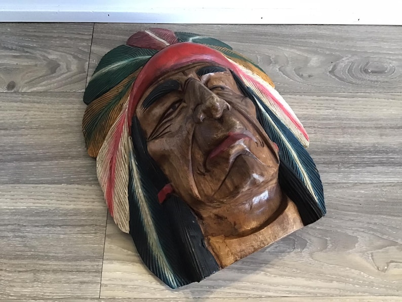Hand Carved Painted Wood Indian Chief Bust Sculpture (16" H) - Etsy