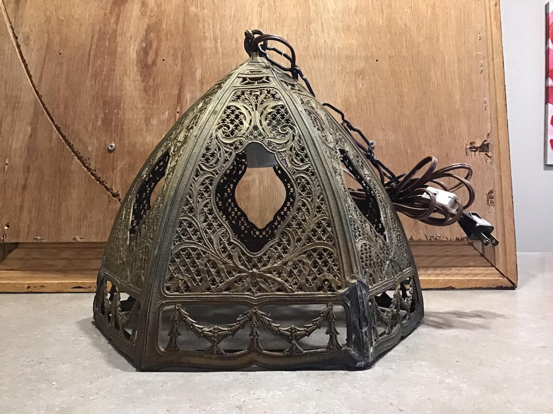 Antique Metal Hanging Lamp Shade, Filigree Cages With Bowed Panels ...