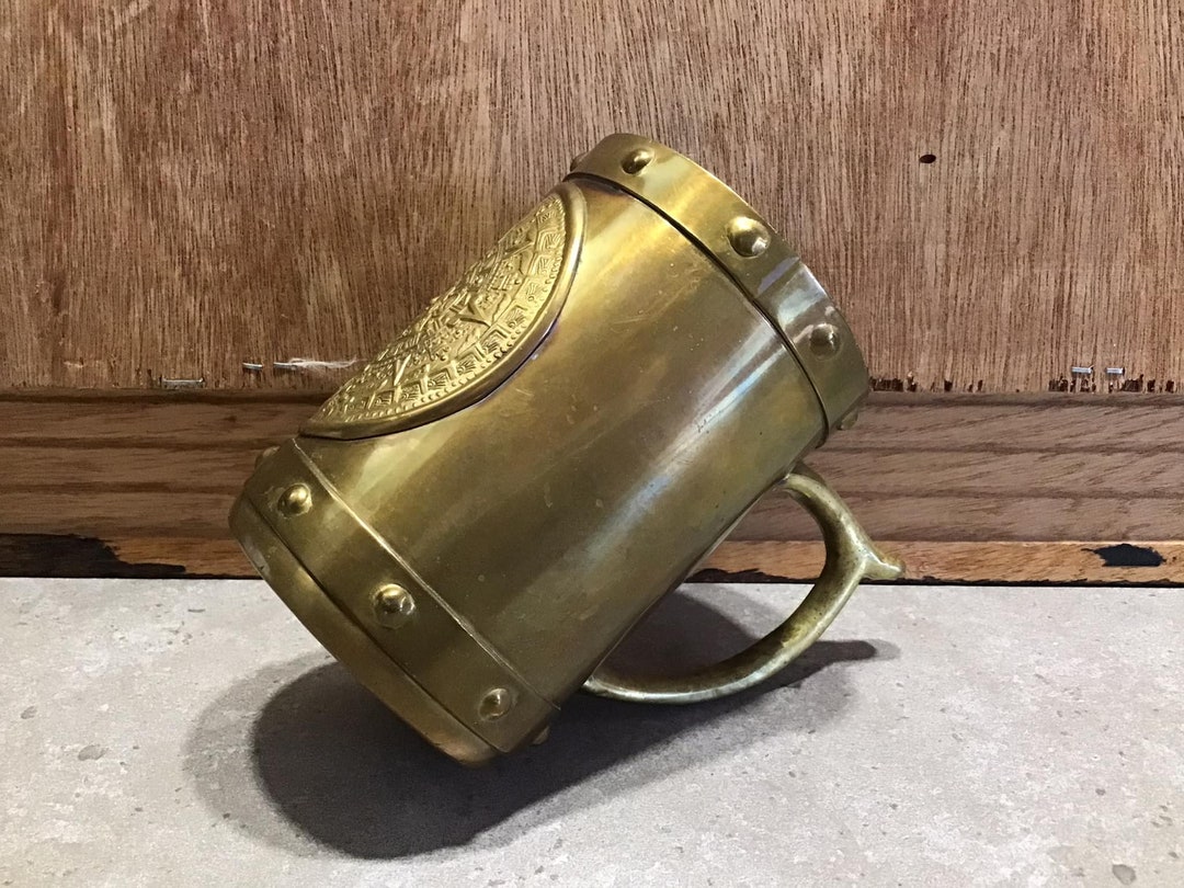 Vintage Brass Mug With Mayan Calendar, Aztec, Mexican Cup With Emblem ...