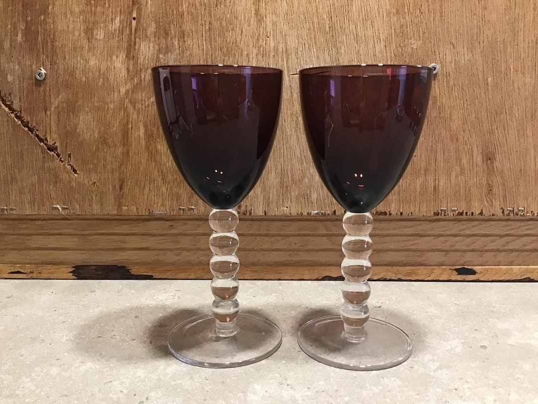 2 Amethyst Goblets Wine Glasses With Clear 5 Bubble Stem, Stemware ...