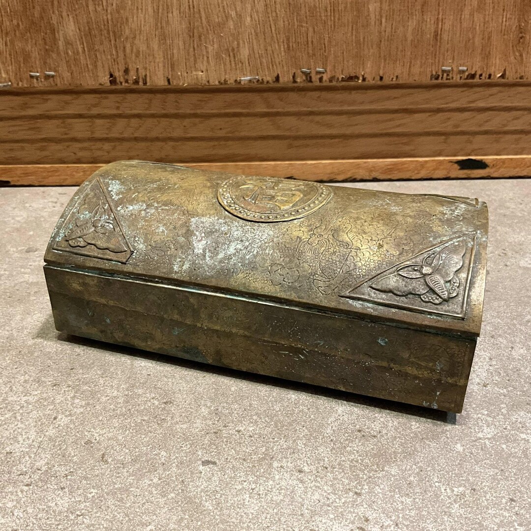 Old Chinese Brass Trinket Box, Engraved Repoussé Dragons, Central ...