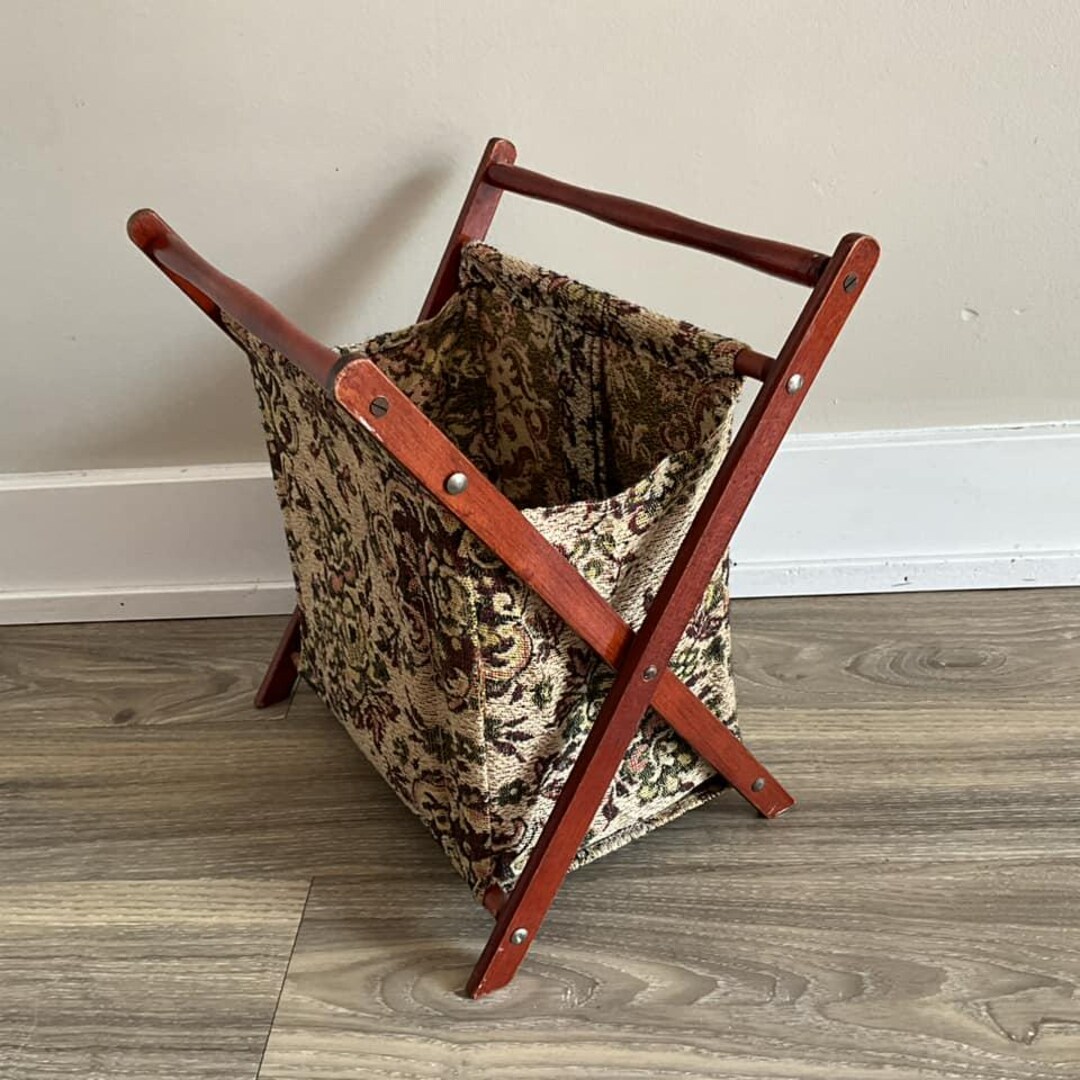 Vintage Folding Knitting Bag Wood & Floral Fabric Sewing Notion ...