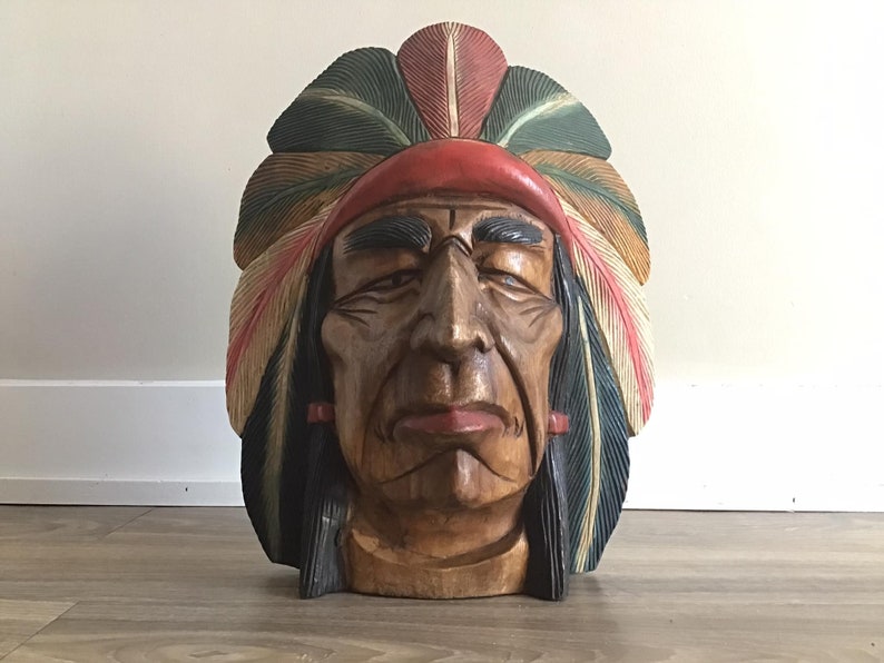 Hand Carved Painted Wood Indian Chief Bust Sculpture (16" H) - Etsy
