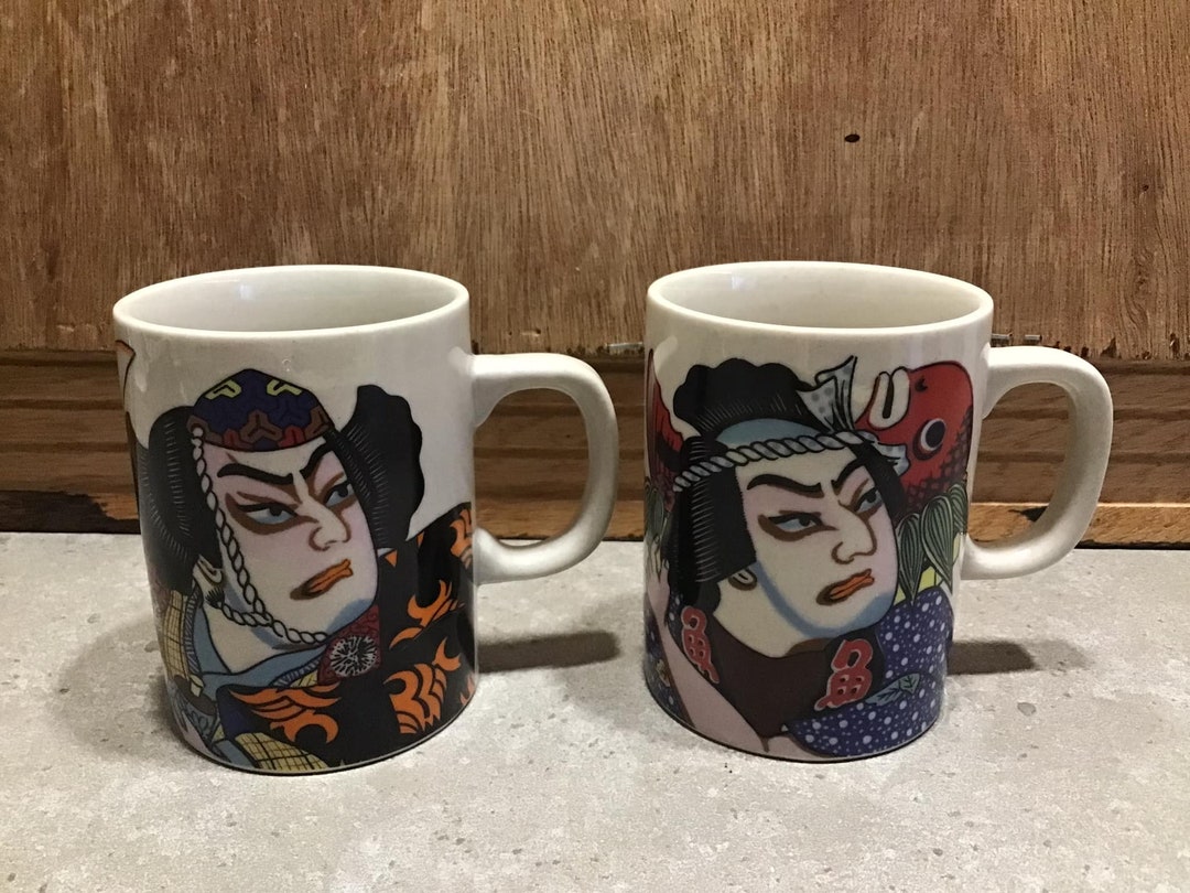 2 Vintage Coffee Mugs With Japanese Samurai Kabuki Stoneware Japan - Etsy