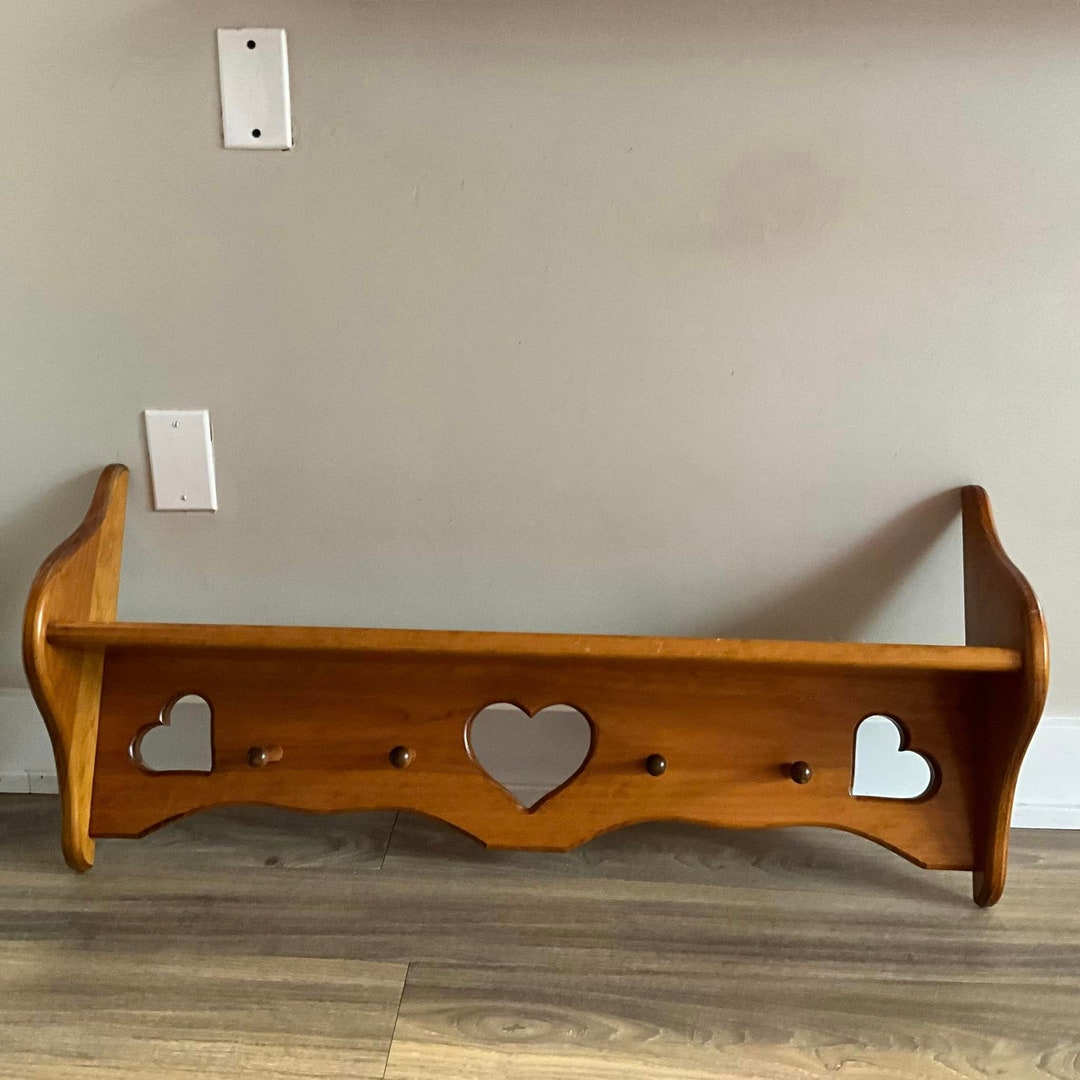 Vintage Wood Shelf With Plate Groove, 4 Hooks, Wall Shelf, 3 Heart ...