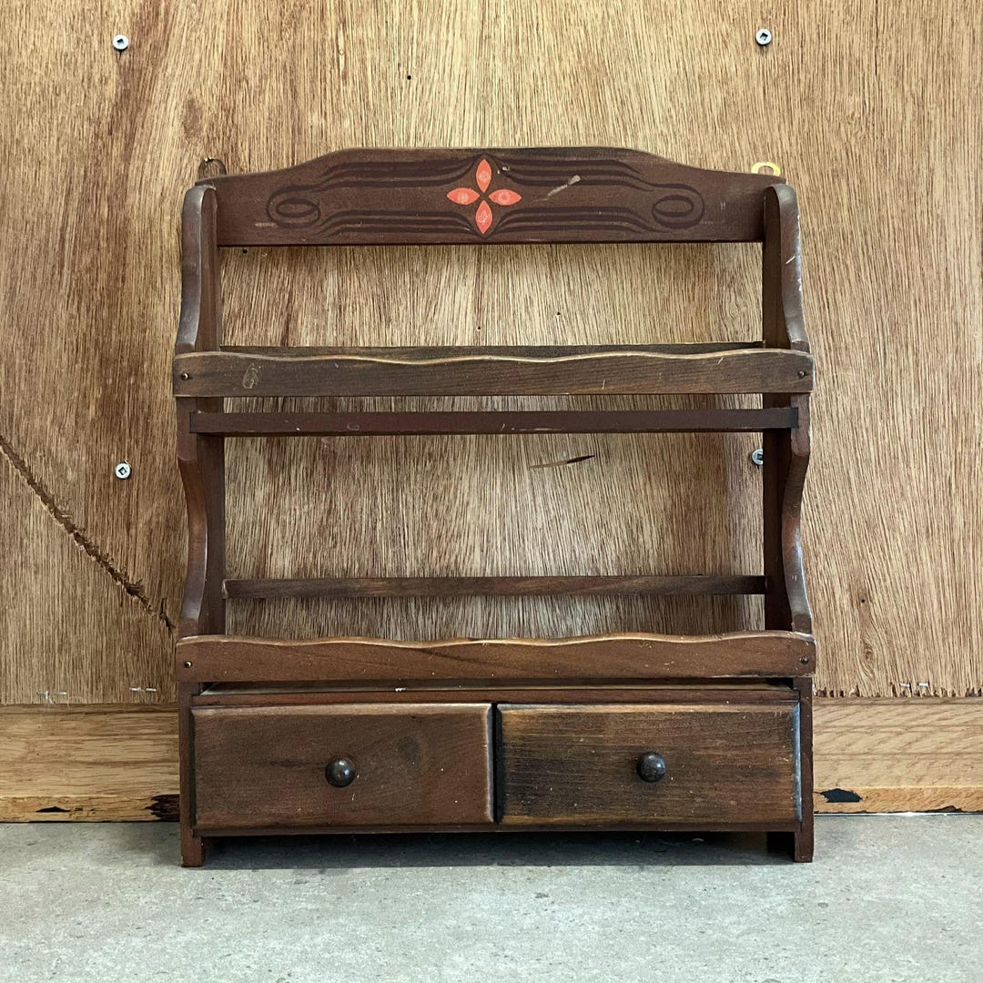 Vintage Wood Spice Rack W/ Drawers Wall Mounted Hand Carved Wood ...