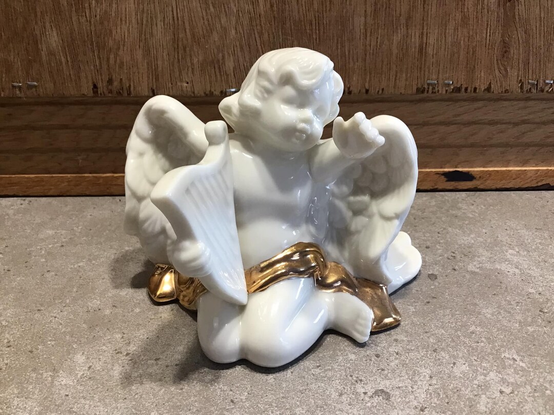 Vintage Cherub Angel Figurine White Ceramic Angel Cherub Gold Sash ...