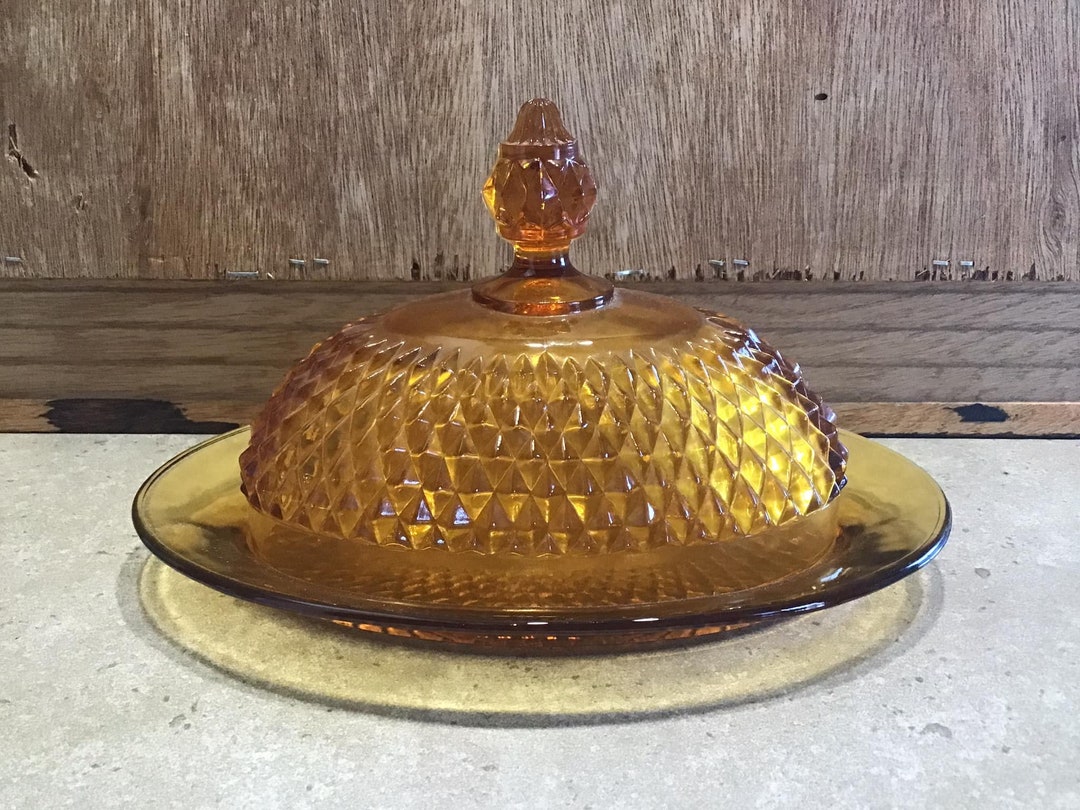Vintage INDIANA GLASS Butter Dish With Lid Diamond Point Pattern Amber ...