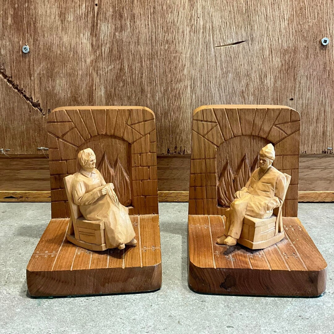 Vintage Hand Carved Wooden Bookends, Office Shelf Decor Bookshelf Mid ...