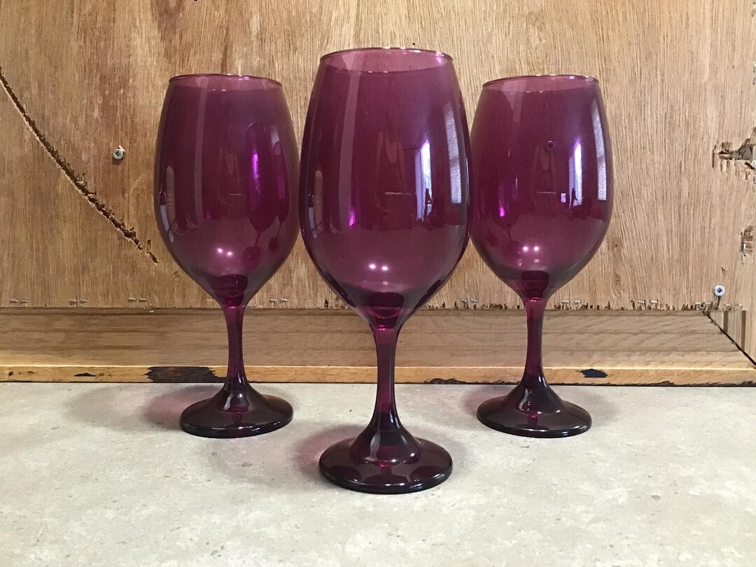 Vintage Purple Wine Glasses - Retro Set of 3 Stemmed Purple Wine ...