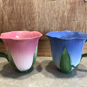2 Vintage Mugs Cups Bella Pink and Blue Cup Flower With Green Stem - Etsy