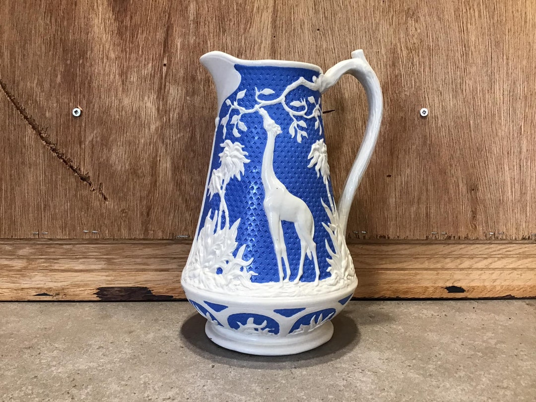 Vintage Blue and White Pitcher With Giraffe Animal Decorations. - Etsy