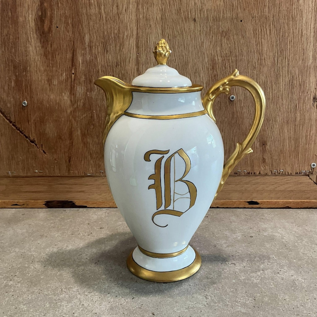 Antique Limoges White and Gold Coffee Pot 10" Hand Painted, Monogram ...