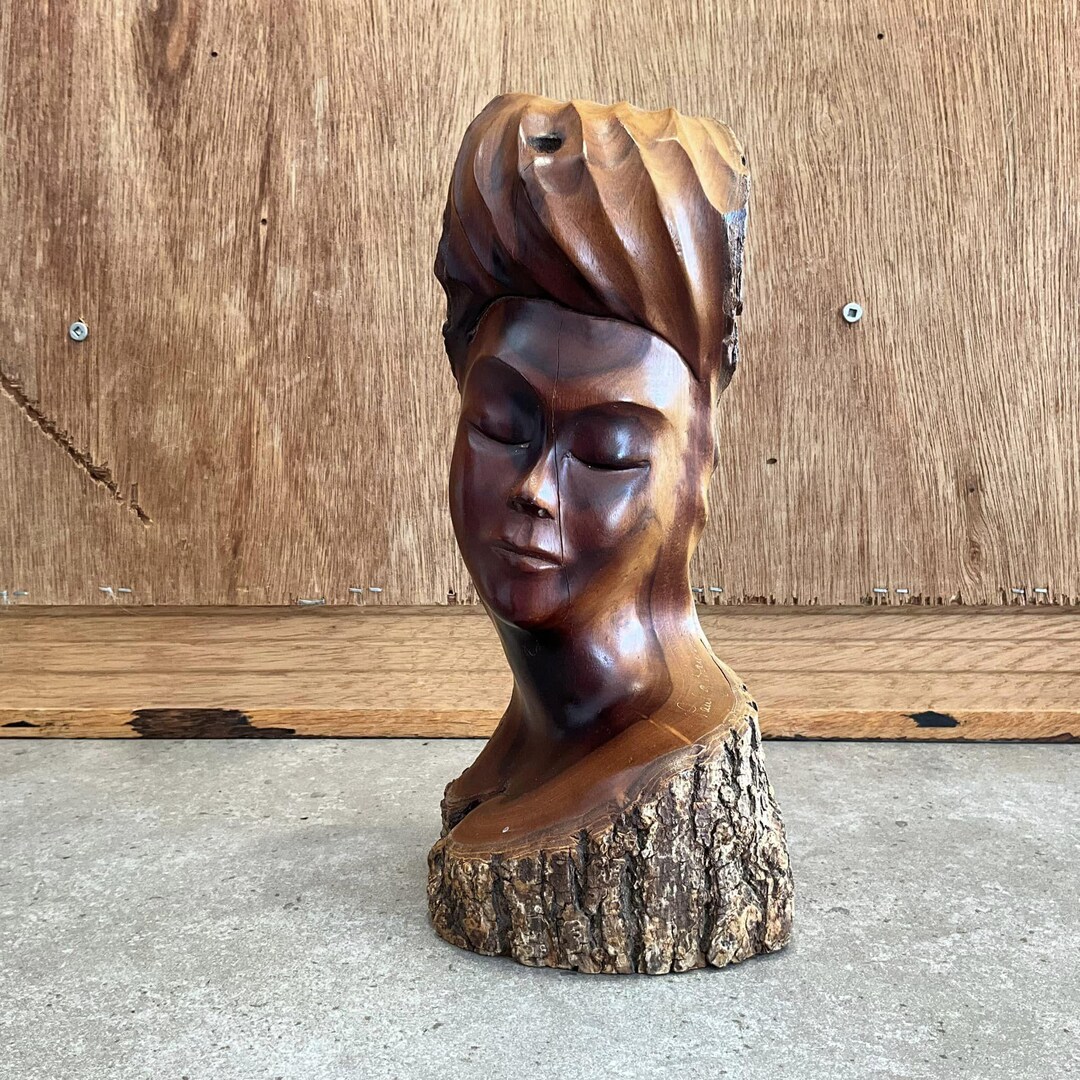 Signed Paul of Hawaii Fujimoto Signed Hand-carved Woman Face Figurine 9 ...