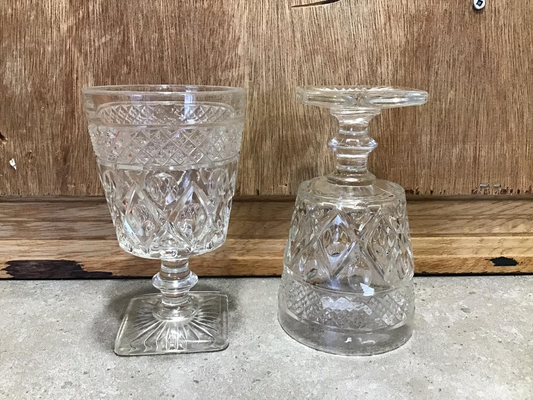 2 Vintage Clear Glass Thumbprint Pattern Wine Glasses or Water Goblets ...