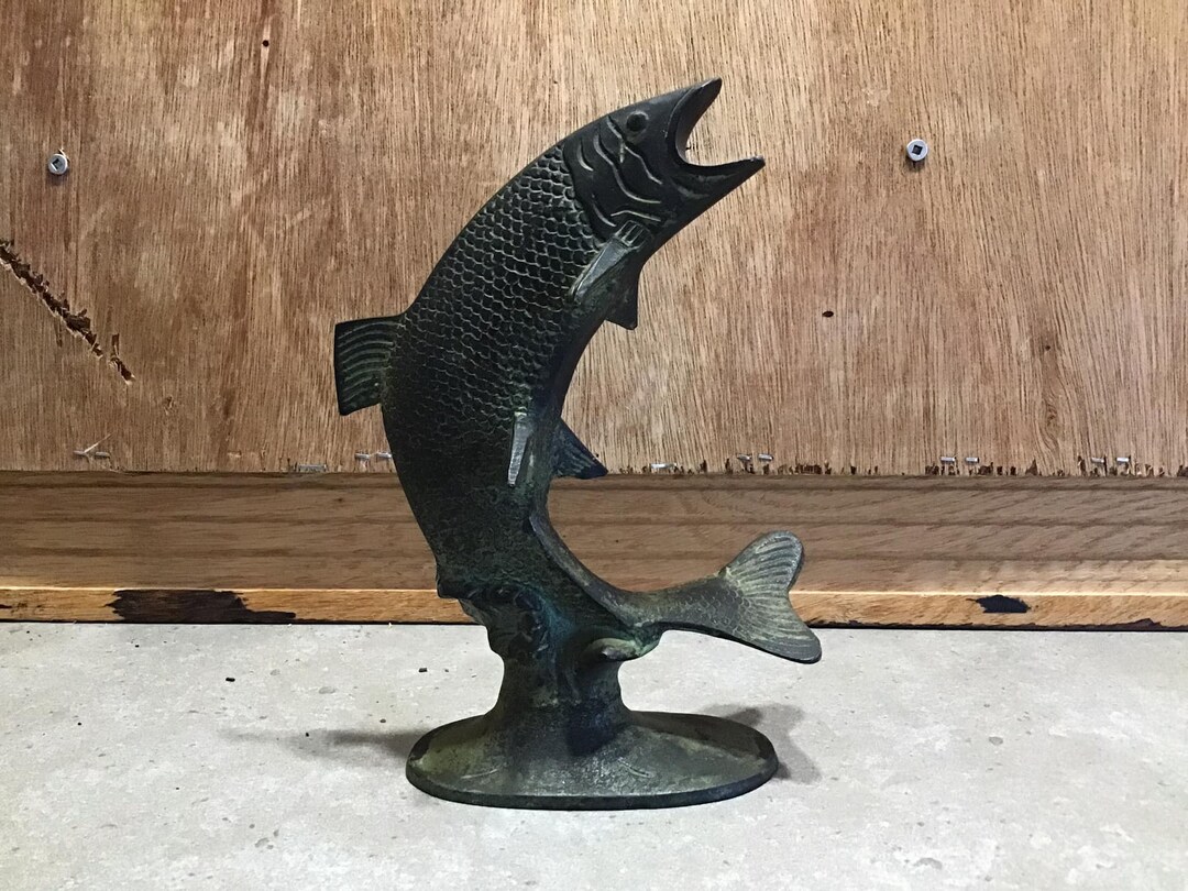 Vintage Metal Fish Ornament, Decorative Verdigris Leaping Salmon Pond ...