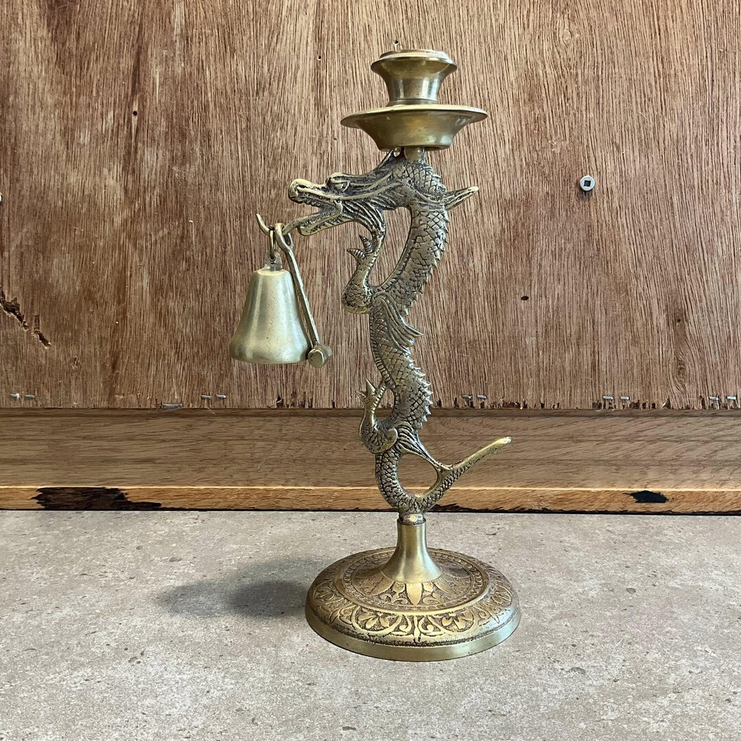Vintage Brass Dragon Candlestick Holder With Bell and Hammer Striker - Etsy