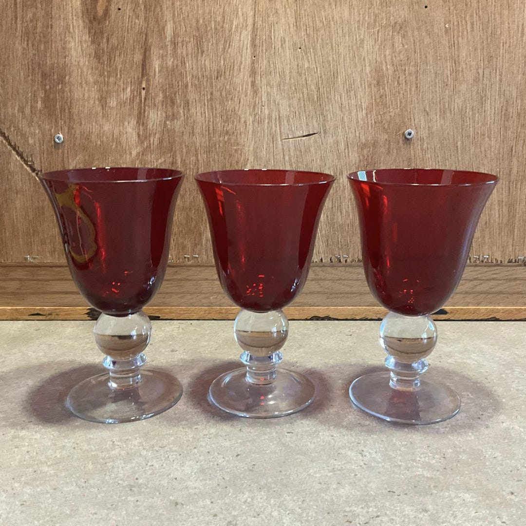 3 RUBY RED Blown Glass Goblets With Ball Stem - Etsy