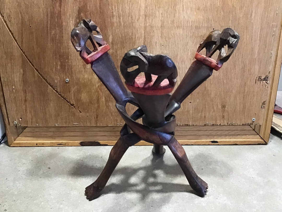 African Figural Stand With 3 Interlocking Collapsible Legs Carved From ...