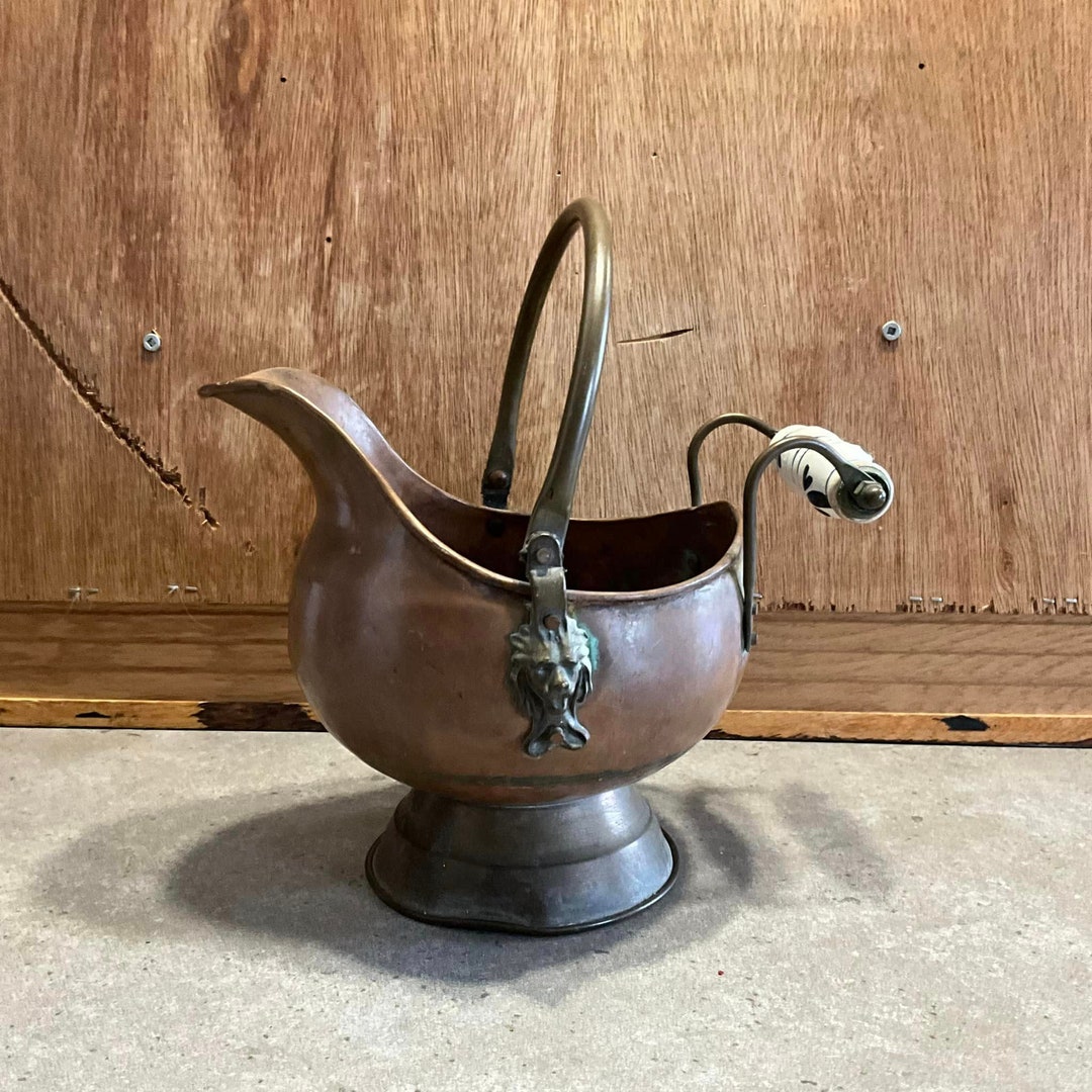 Antique Hammered Copper Coal Scuttle Delft Ceramic Handle Hand Forged ...
