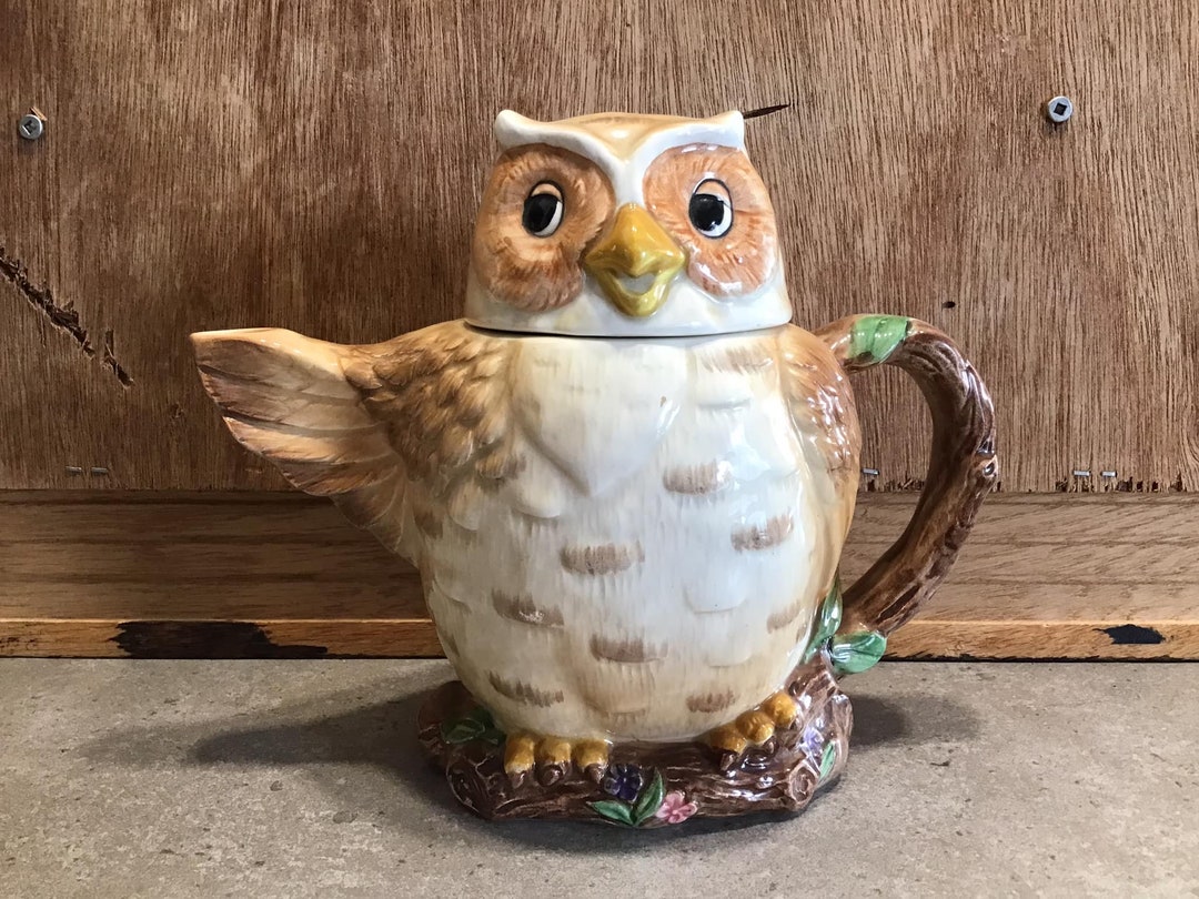 Vintage Mary Ann Baker Owl Teapot Hand Painted Brown Green Made in ...