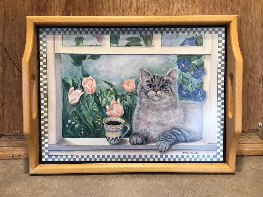 Vintage Wooden Tray With Handles and Cat, Wooden Tray, Serving Wooden ...