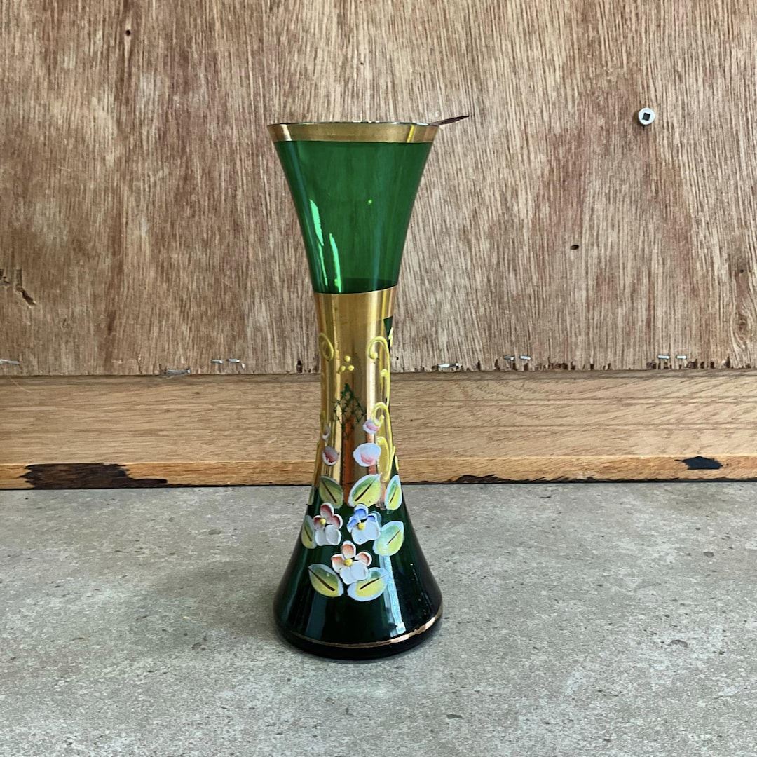 Emerald Green and Gold Czech Glass Bud Vase 7” | Hand Enameled Flowers ...