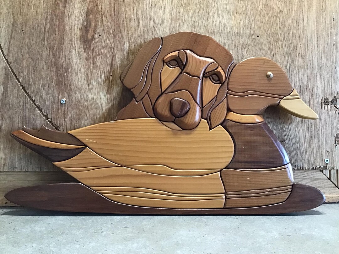 Vintage Labrador Dog and Duck, Wood Intarsia Wall Hanging Handcrafted ...
