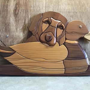 Vintage Labrador Dog and Duck, Wood Intarsia Wall Hanging Handcrafted ...