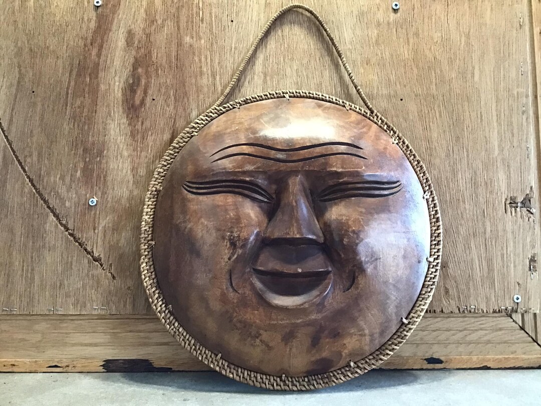 Carved Wood Face Sun 12" Wall Home Decor With Woven Rattan - Etsy