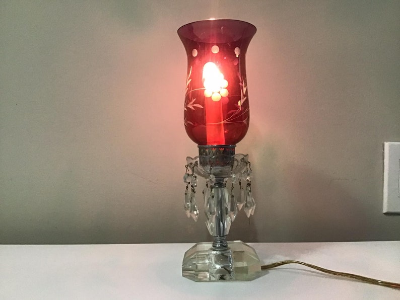 Vintage Luster Hurricane Lamp With Prisms Cranberry Glass - Etsy