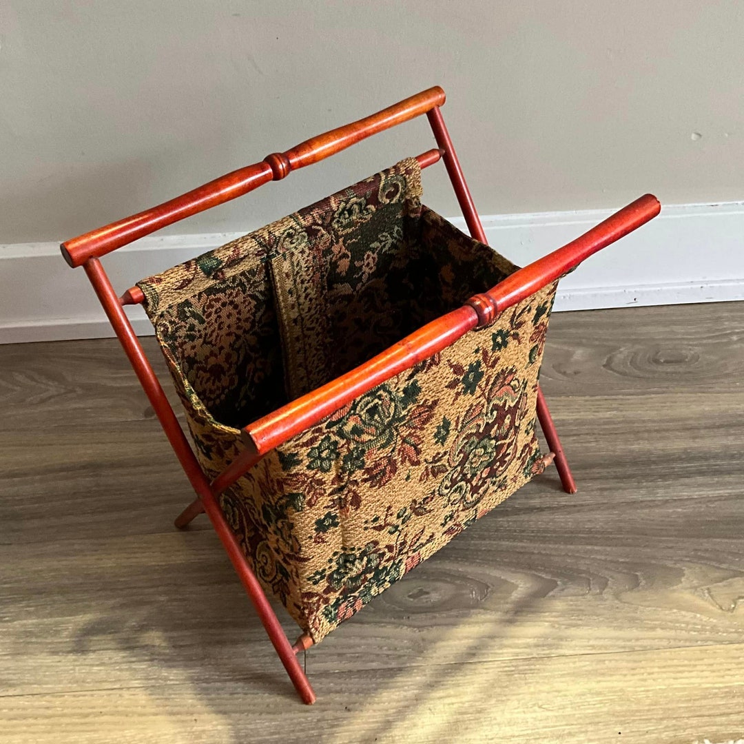 Vintage Folding Knitting Bag Wood & Fabric Sewing Notion Organizer Boho ...