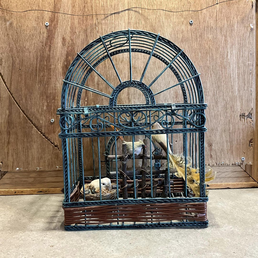 Metal Bird Cage With 3 Faux Birds , Decorative Bird Cage, Kitchen Decor ...