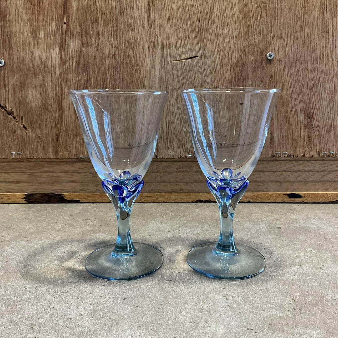 2 French Vintage Luminarc Reflet Marine Wine Glasses Goblets Blue ...