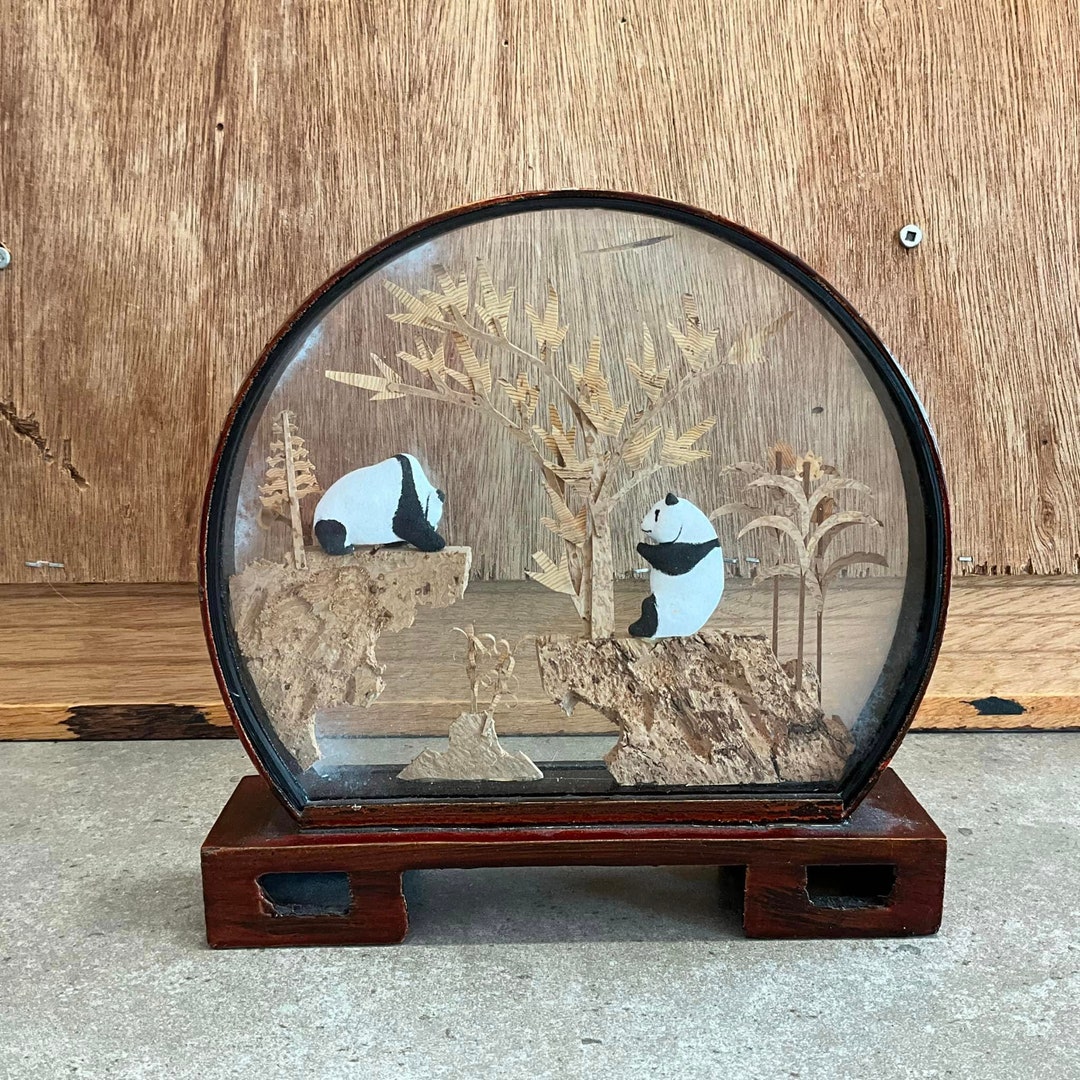 Vintage Panda Lacquer Cork Art Diorama - Etsy