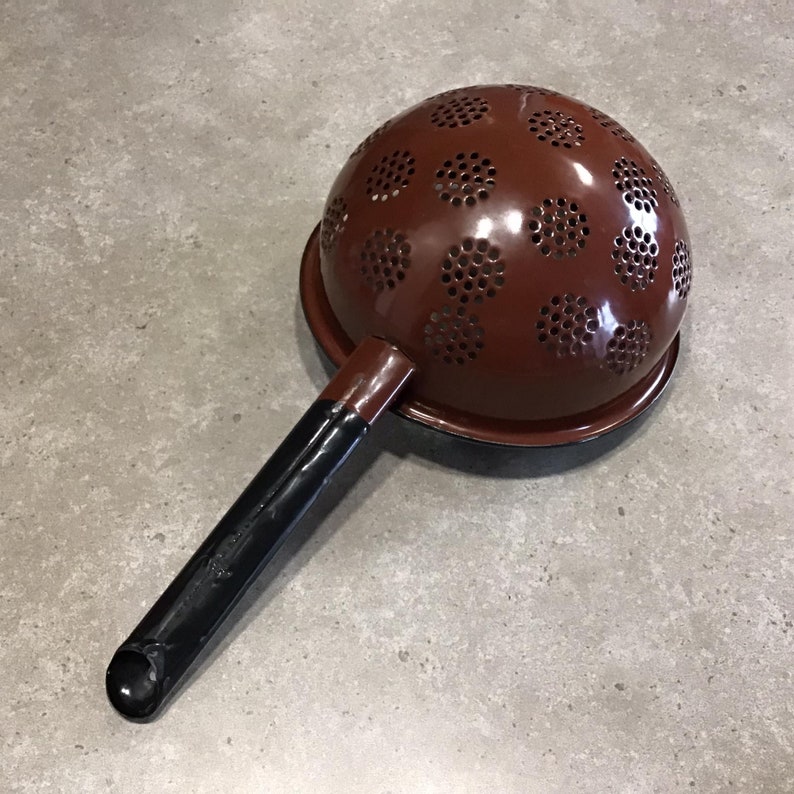 Vintage Enamel Colander With Handle, Brown - Etsy