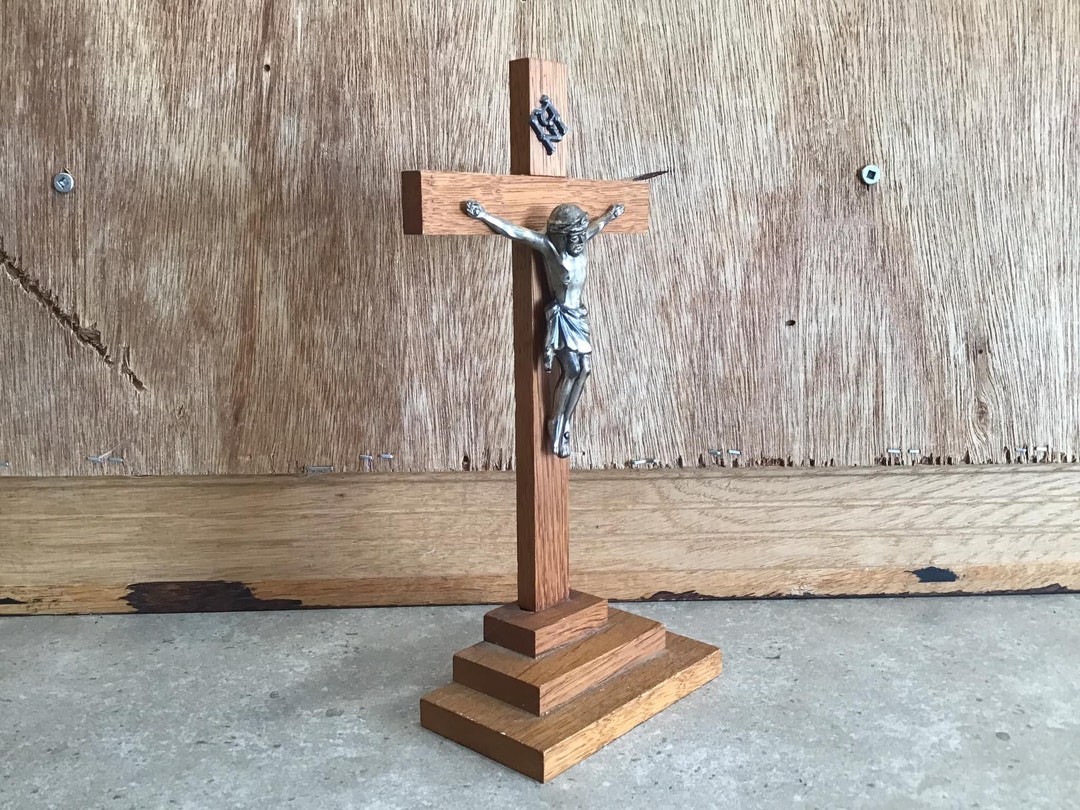 German Crucifix Vintage Wood & Metal Standing Crucifix 8.2" High Mid ...