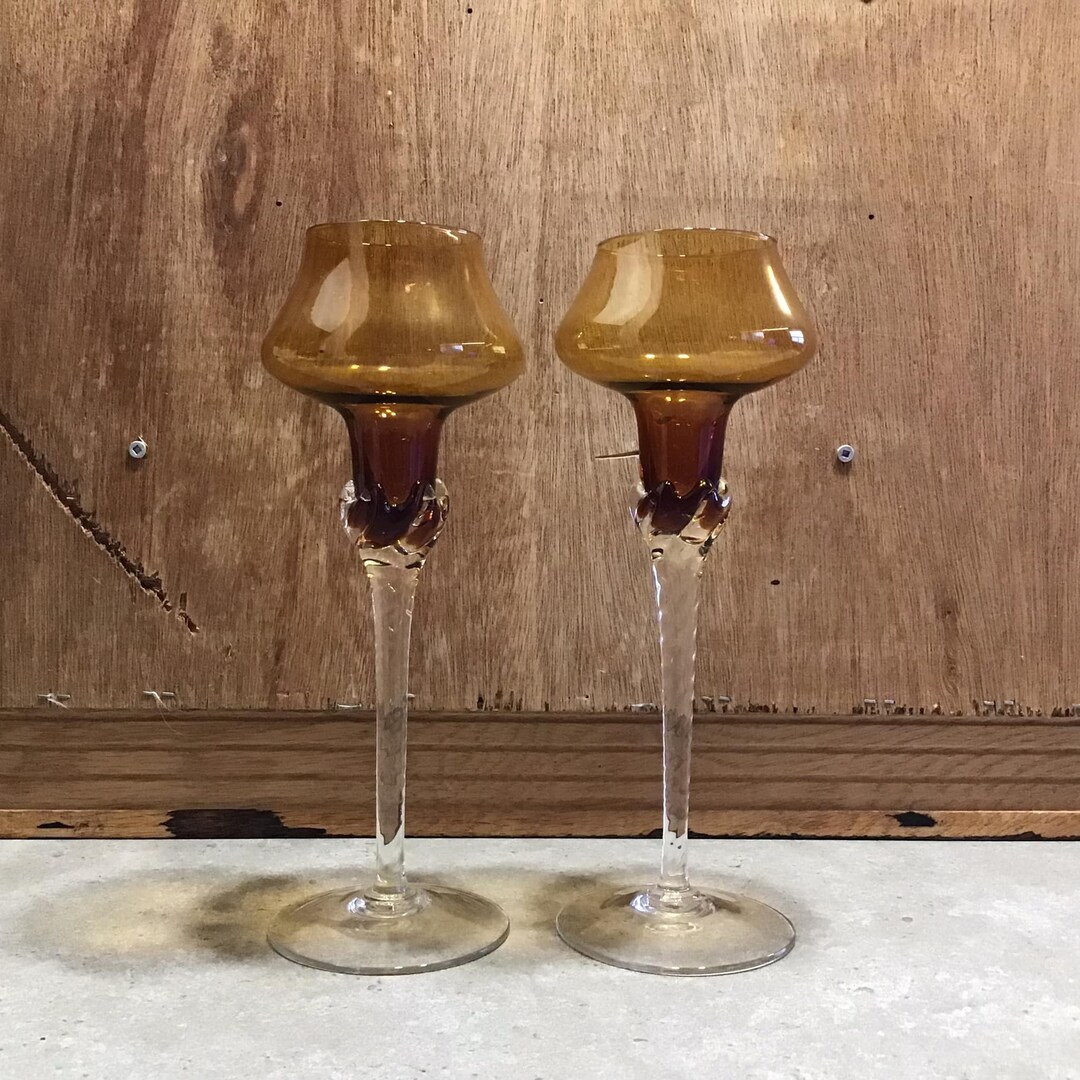 2 Italian Tall Hand Blown Glass Taper Candle Holders Honey Amber Candle ...