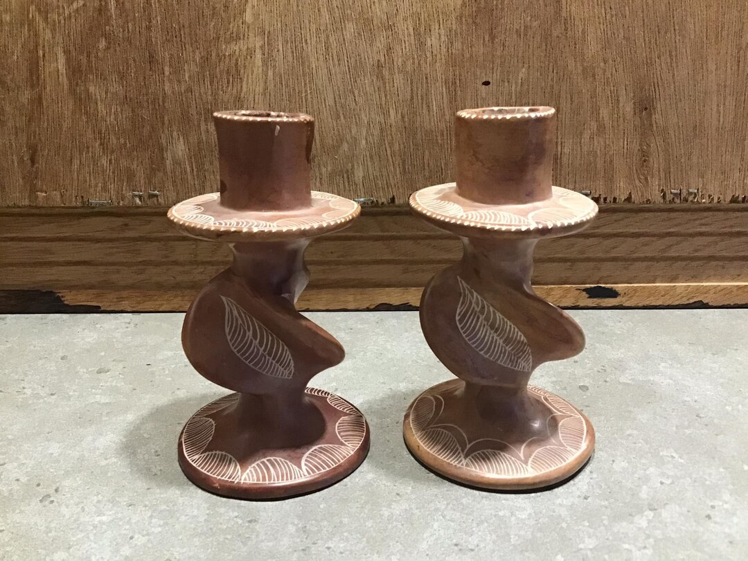 2 Vintage Carved Soapstone Candle Holders Spiral Shape Etched With ...