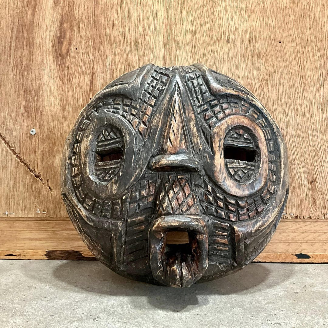 Vtg Ghana Round African Mask Handmade in Ghana Carved Wood - Etsy