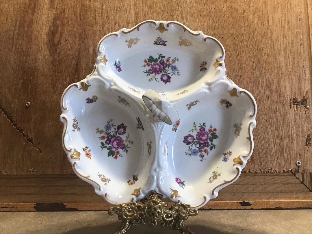 REICHENBACH Porcelain 3-section Serving Dish W/handle Floral Gold ...