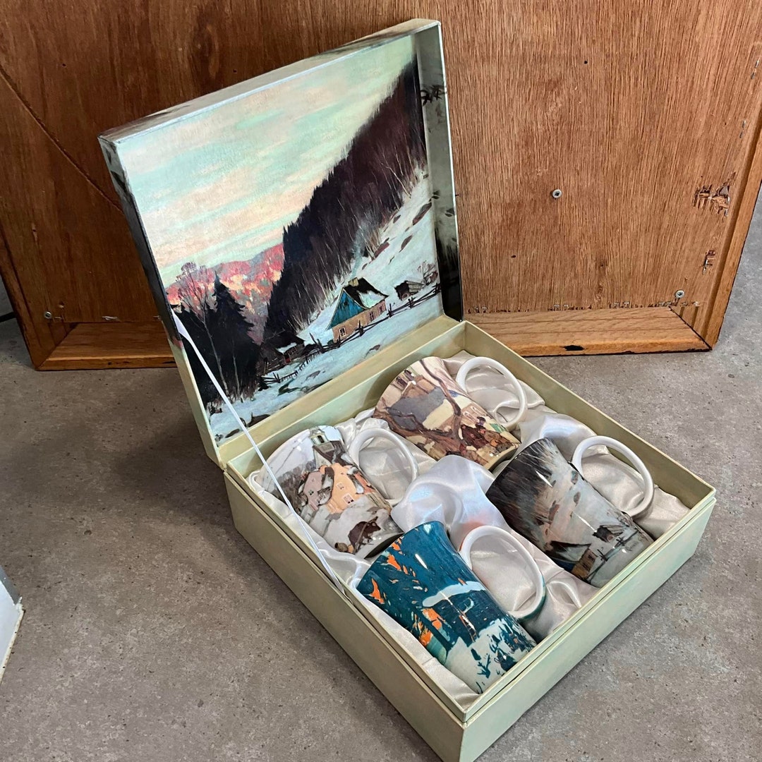 4 Coffee Mugs, Canadian Masters, CLARENCE GAGNON, Quebec Village, Boxed ...