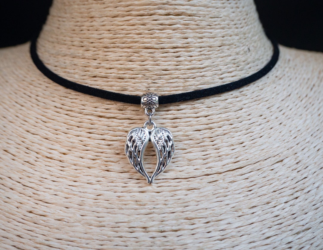 Angel Wings Necklace Cord Choker Heart Pendant Necklace Everyday Choker ...