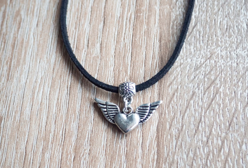 Heart With Wings Necklace Winged Heart Pendant Cord Choker - Etsy