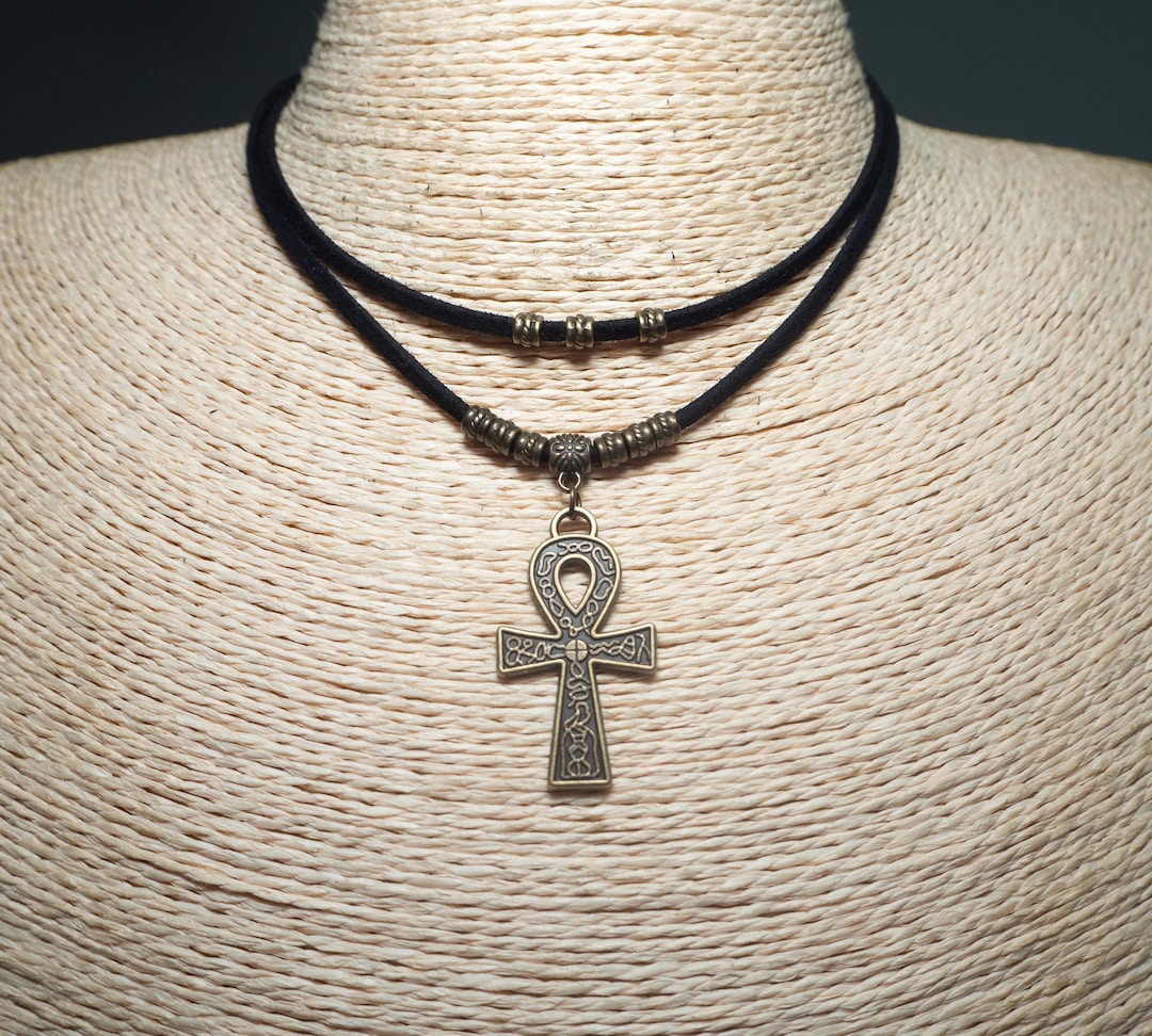 Ankh Cross Necklace Double Choker Key of Life Pendant Bronze Necklace ...