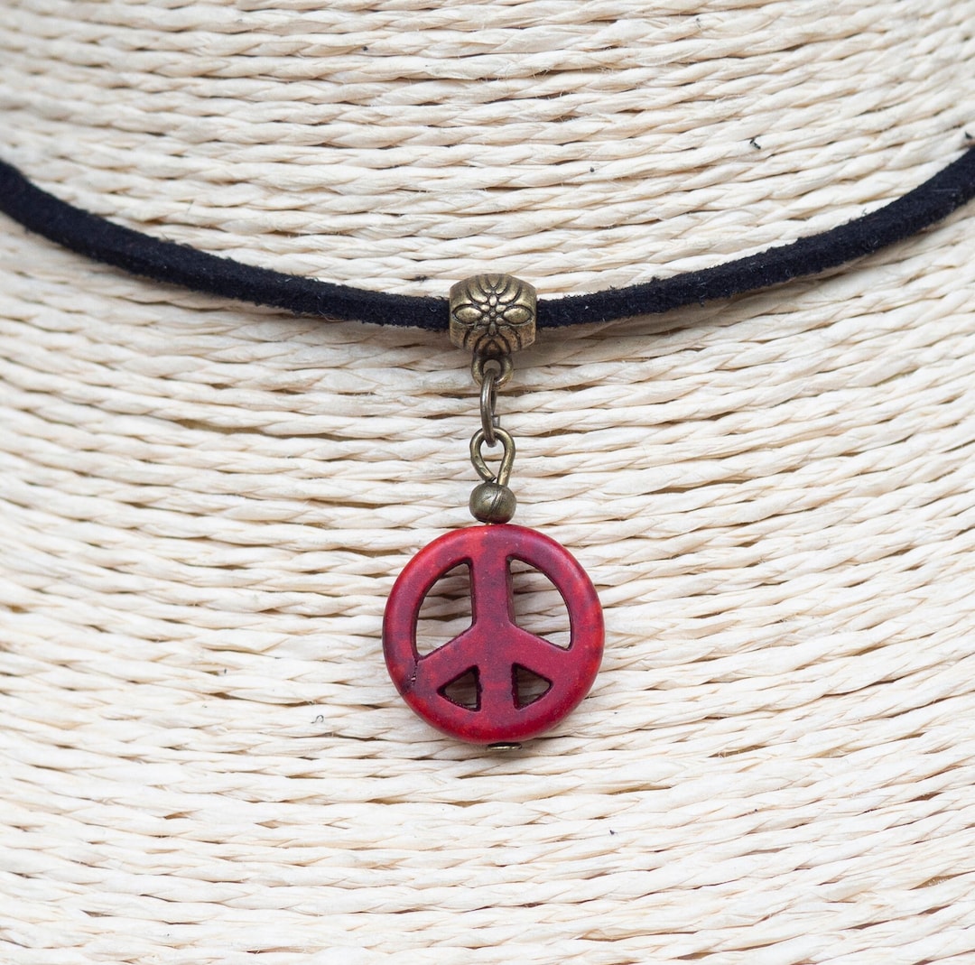 Peace Sign Necklace Cord Choker Peace Sign Choker Magnesite Pendant ...