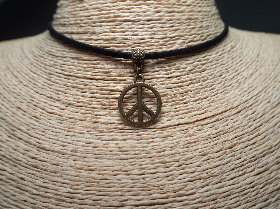Peace Sign Necklace Cord Choker Bronze Pendant Necklace Peace Symbol ...